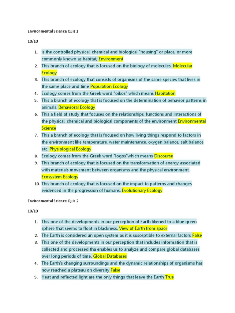 Environmental Science Quiz 1 | PDF | Ecology | Natural Environment