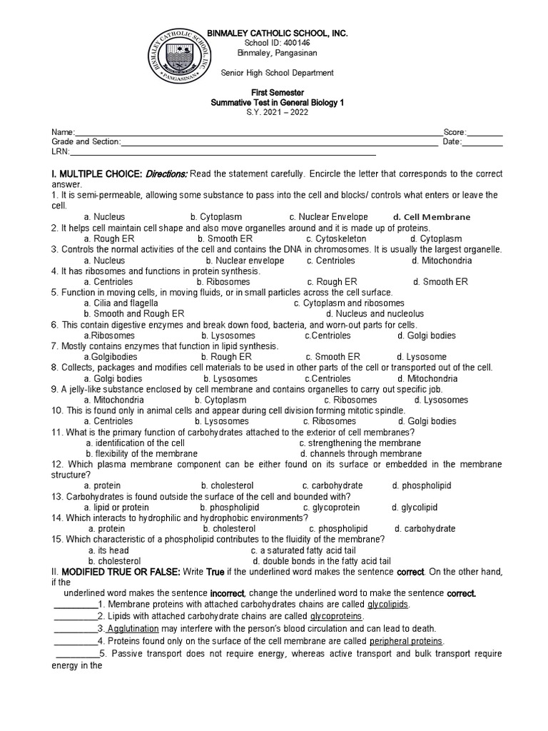 1st Summative Test Biology 1 | PDF | Cell Membrane | Cell (Biology)