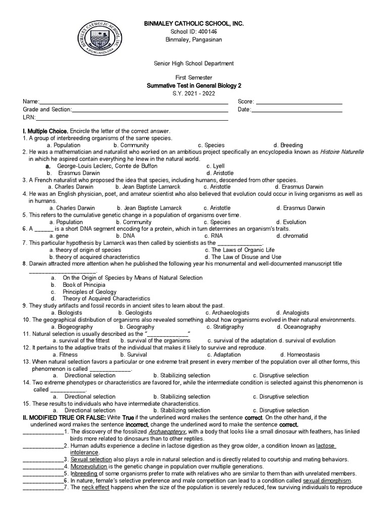 Gen Bio2 Summative Test | PDF | Natural Selection | Evolution