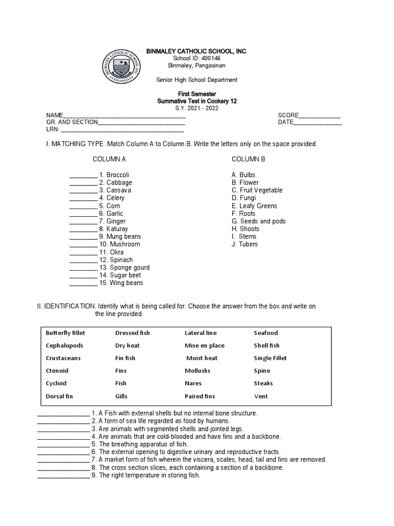 Summative Test 1st Quarter Cookery 12 | PDF | Fish | Food And Drink