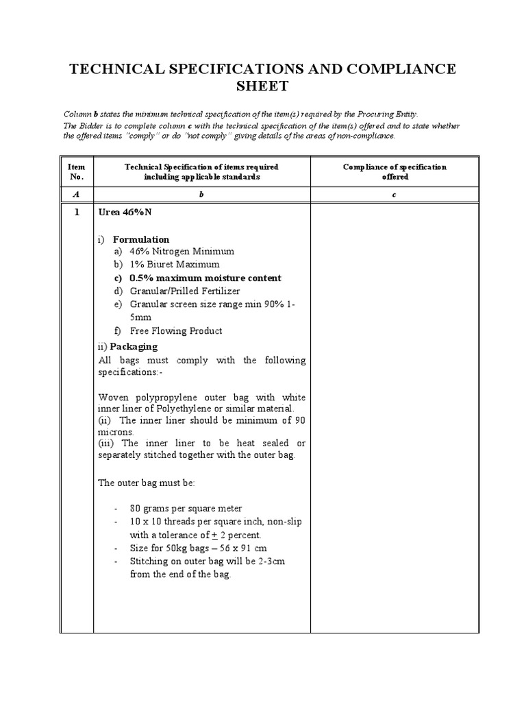 Technical Specifications - Urea and NPK | PDF | Fertilizer ...