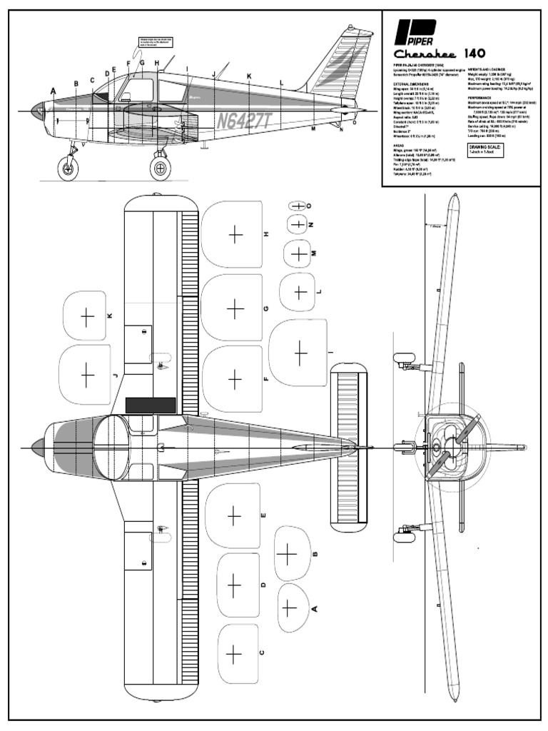 Piper Cherokee 140 Three Views To Scale | PDF