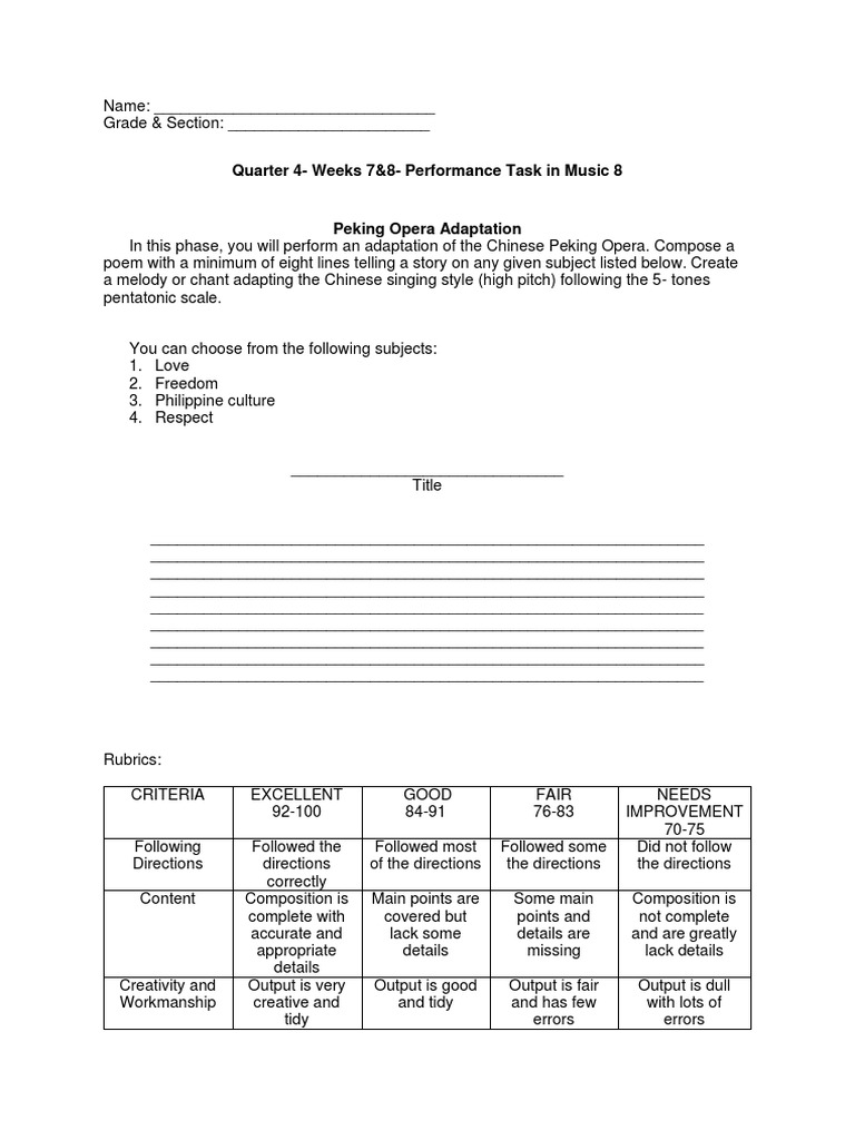 Quarter 4-Weeks 7&8 - Performance Task in Music 8 | PDF | Performing Arts