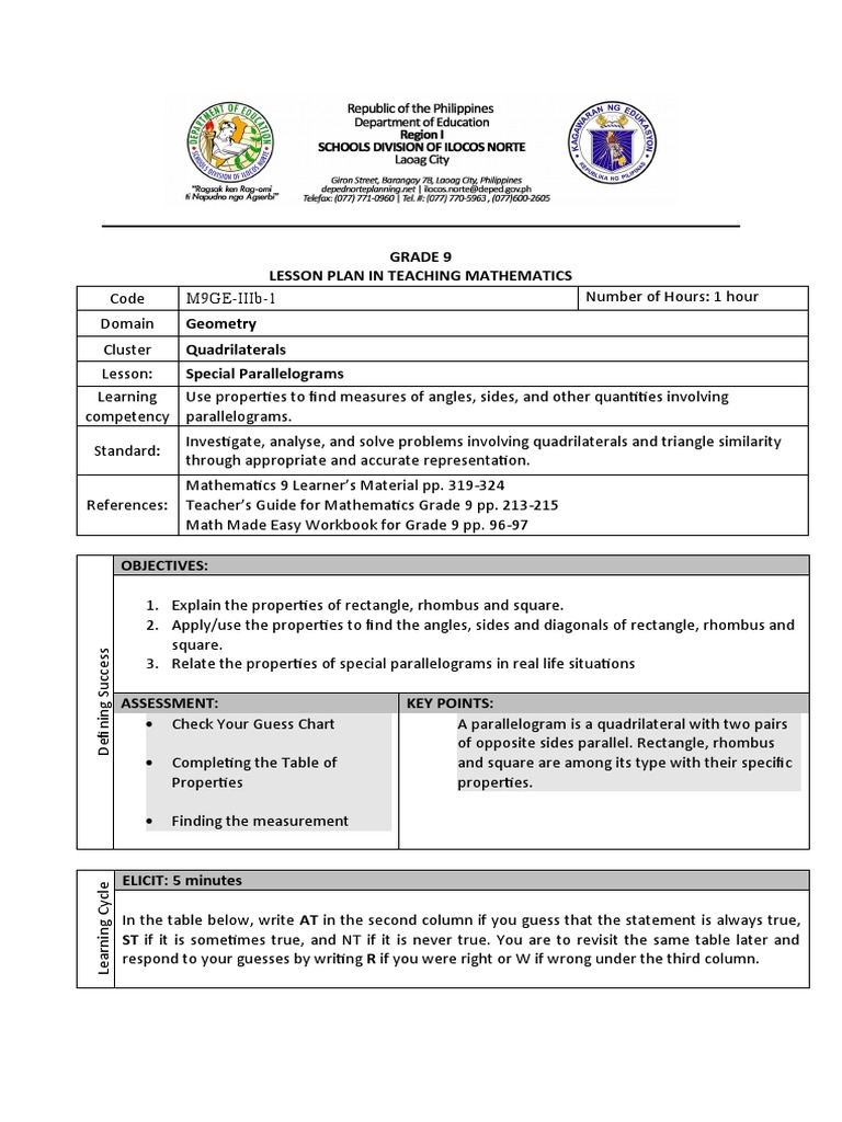7e Lesson Plan - Special Parallelogram Jay Cruz | PDF | Rectangle ...