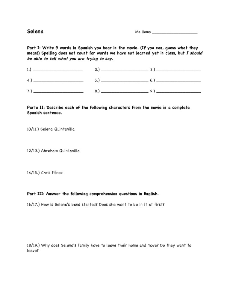 Selena Movie Study Guide | PDF | Games & Activities | Foreign Language ...