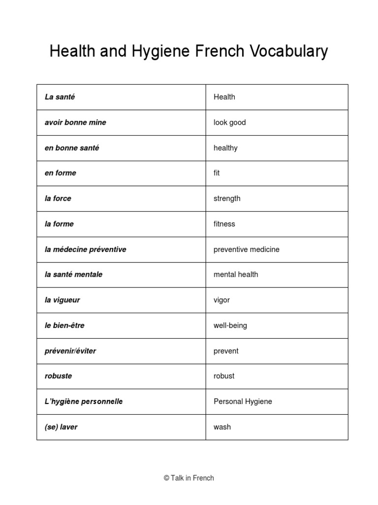 Health and Hygiene French Vocabulary | PDF | Hygiène | Accueil