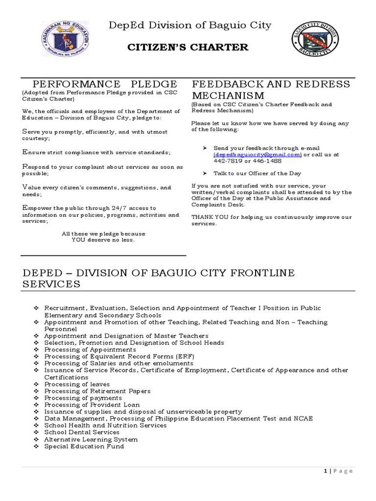 Citizen'S Charter: Deped Division of Baguio City | PDF | Teachers ...