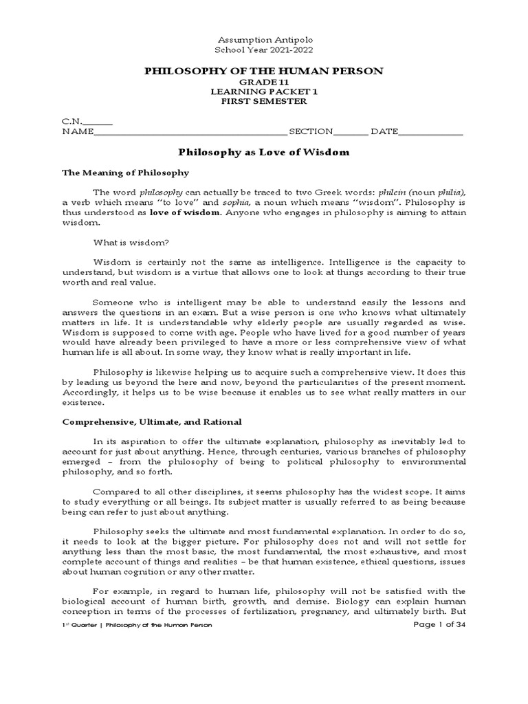 Philosophy of The Human Person: Grade 11 Learning Packet 1 First ...