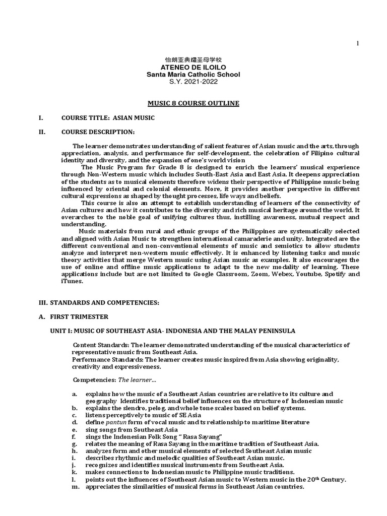 MUSIC COURSE OUTLINE Grade 8 - 2021 - 2022 | PDF | Southeast Asia ...