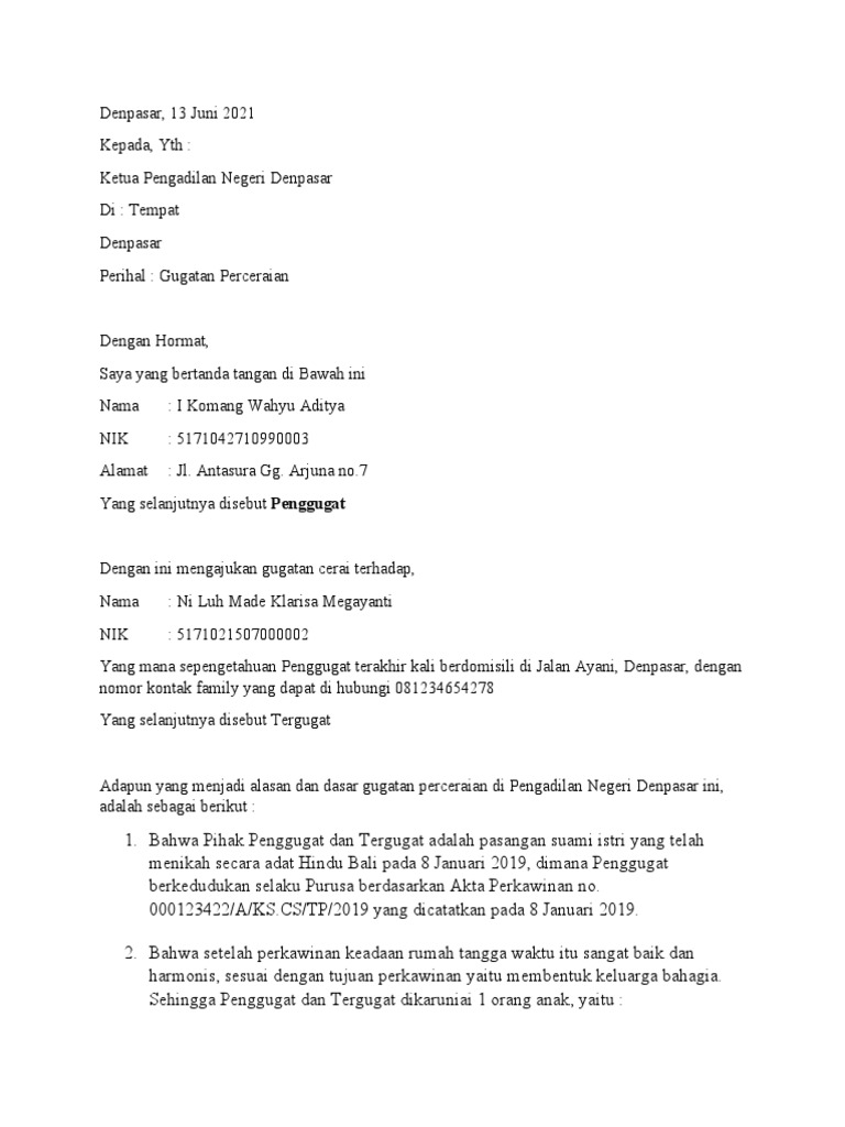 Contoh Surat Gugatan Penggugat Hukum | PDF