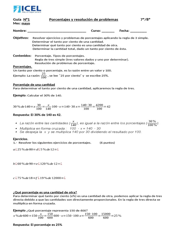 Guía de Porcentajes y Problemas | PDF | Porcentaje | Matemáticas