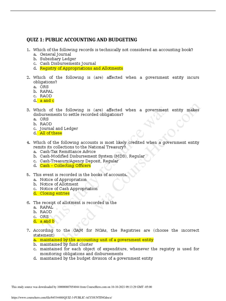 This Study Resource Was: Quiz 1: Public Accounting and Budgeting | PDF ...