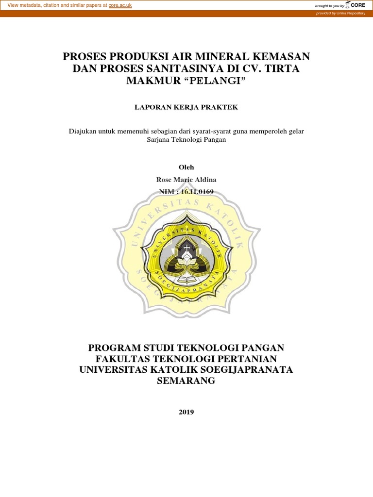 Proses Produksi Air Mineral Kemasan Dan Proses Sanitasinya Di Cv. Tirta Makmur "Pelangi" | PDF