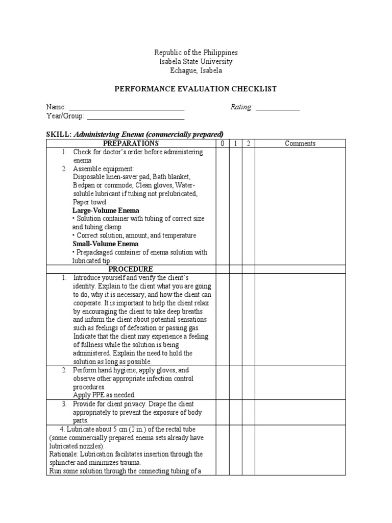 Performance Evaluation Checklist: Republic of The Philippines Isabela State University Echague ...