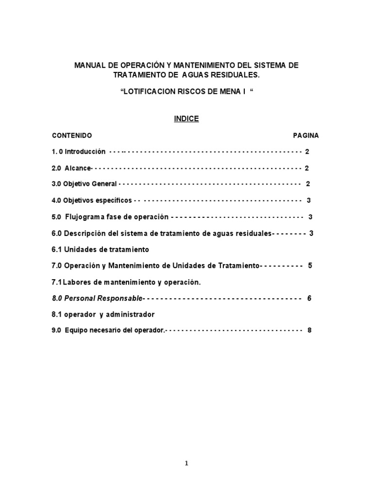 Manual de Operación y Mantenimiento Sistema Tratamiento Aguas Residuales Lotificacion Riscos de ...