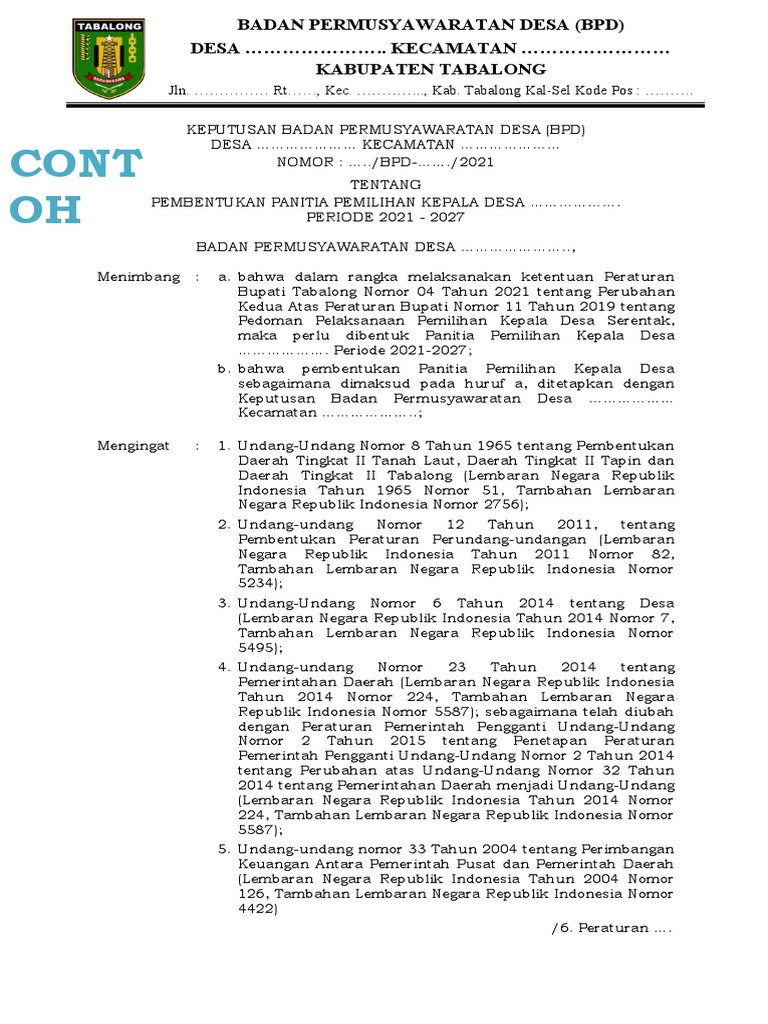 Contoh SK Panitia PILKADES 2021 | PDF