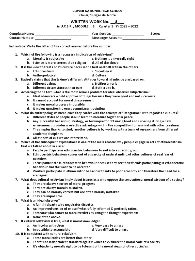 Summative Assessment Template | PDF | Relativism | Morality