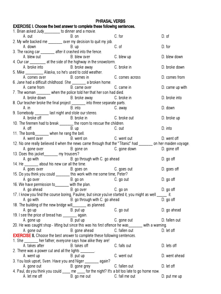 Understanding Phrasal Verbs: A Comprehensive Exercise on Common Phrasal ...