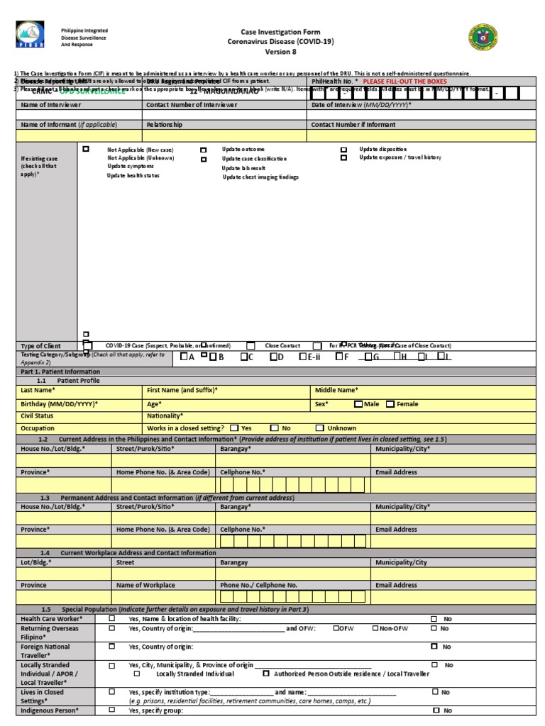Opd Surveillance: Case Investigation Form Coronavirus Disease (COVID-19 ...