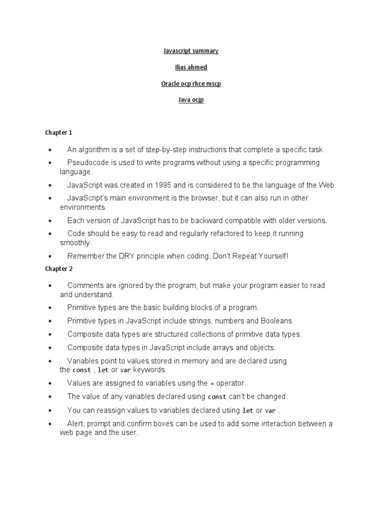 Javascript Summary Ilias Ahmed Oracle Ocp Rhce MSCP Java Ocjp | PDF ...