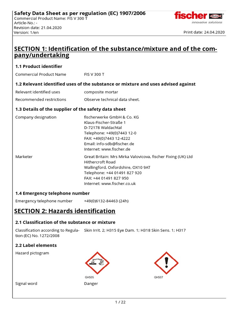 MSDS Fischer FIS V 360S | PDF | Firefighting | Toxicity