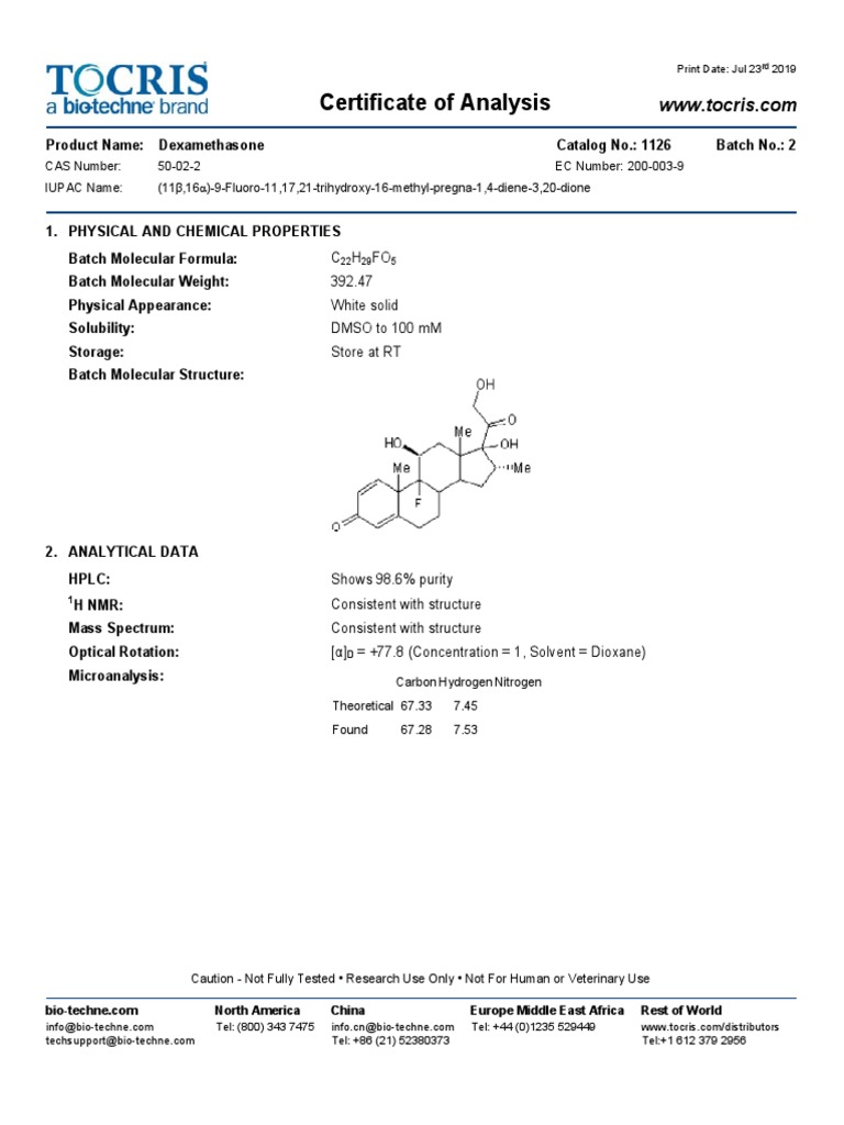 Certificate of Analysis: C H FO 392.47 White Solid DMSO To 100 MM Store ...