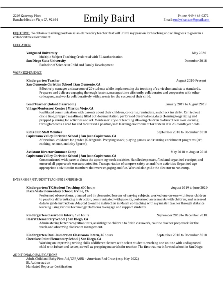 Emily Baird Csuf Resume | Download Free PDF | Teachers | Classroom