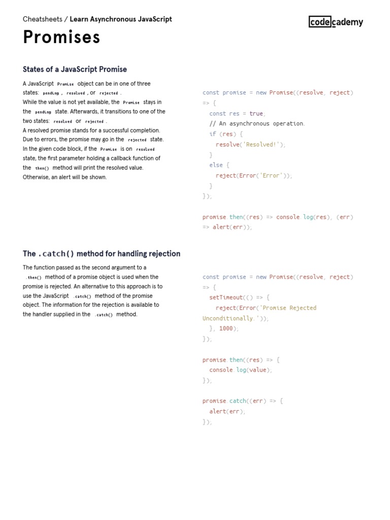 Learn Asynchronous Javascript Promises Cheatsheet Codecademy Pdf Java Script Parameter