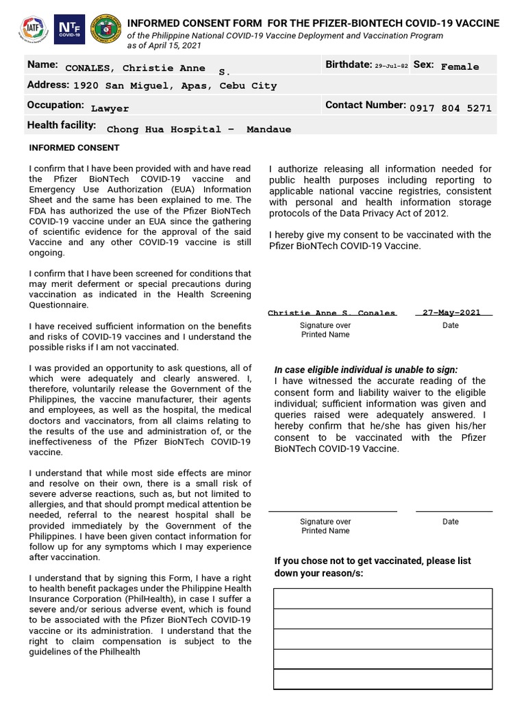 Pfizer Informed Consent Form Eng - April 15 2021 | PDF | Medicine ...