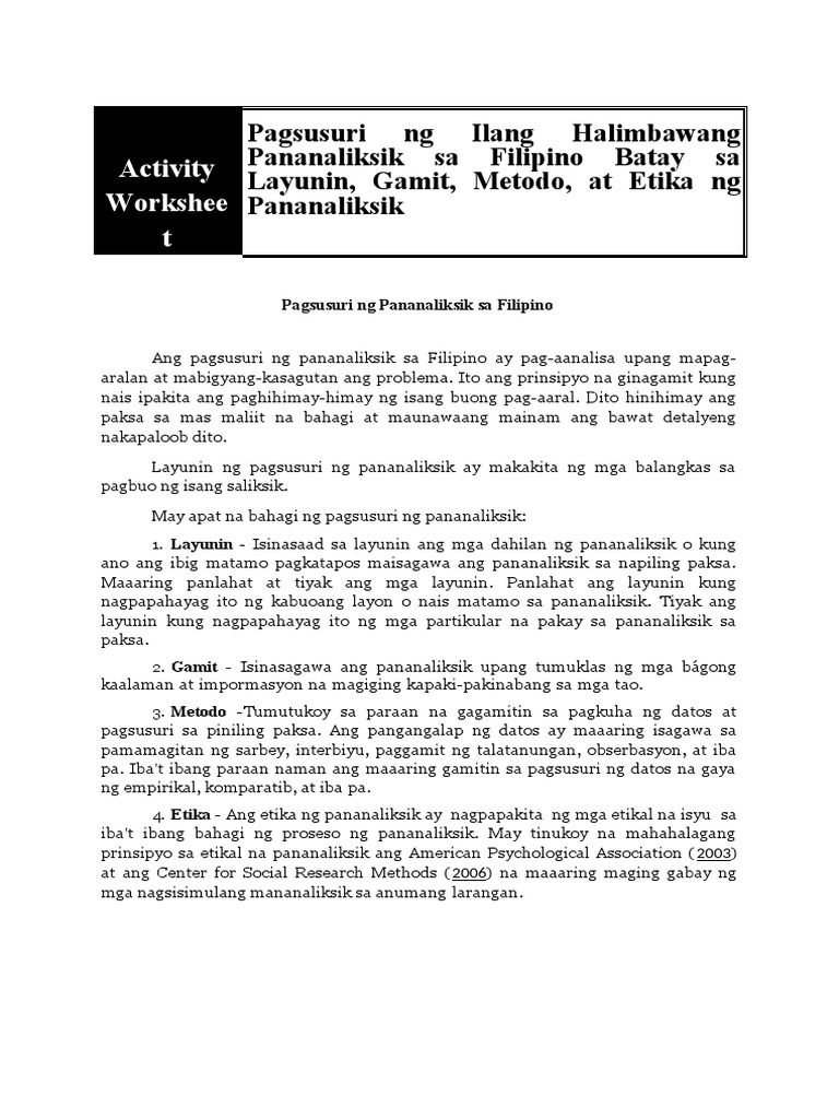 Activity Worksheet Pagbasa at Pagsusuri NG Iba't Ibang Teksto | PDF