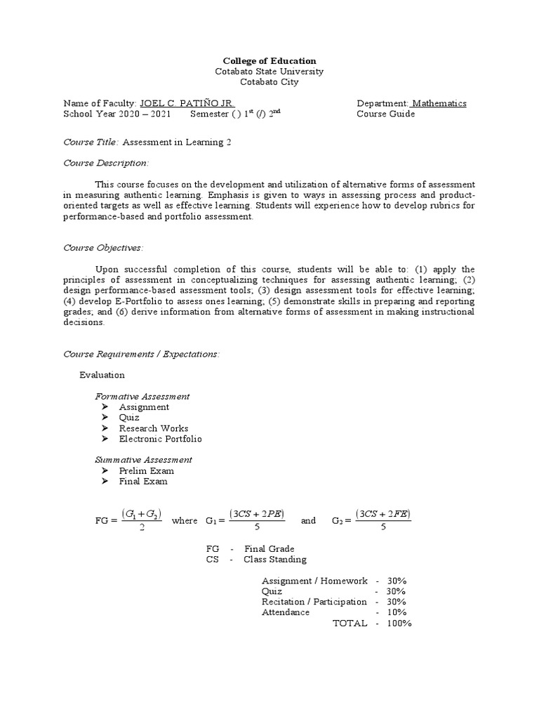 Assessment in Learning 2 - Course Guide | PDF | Educational Assessment ...