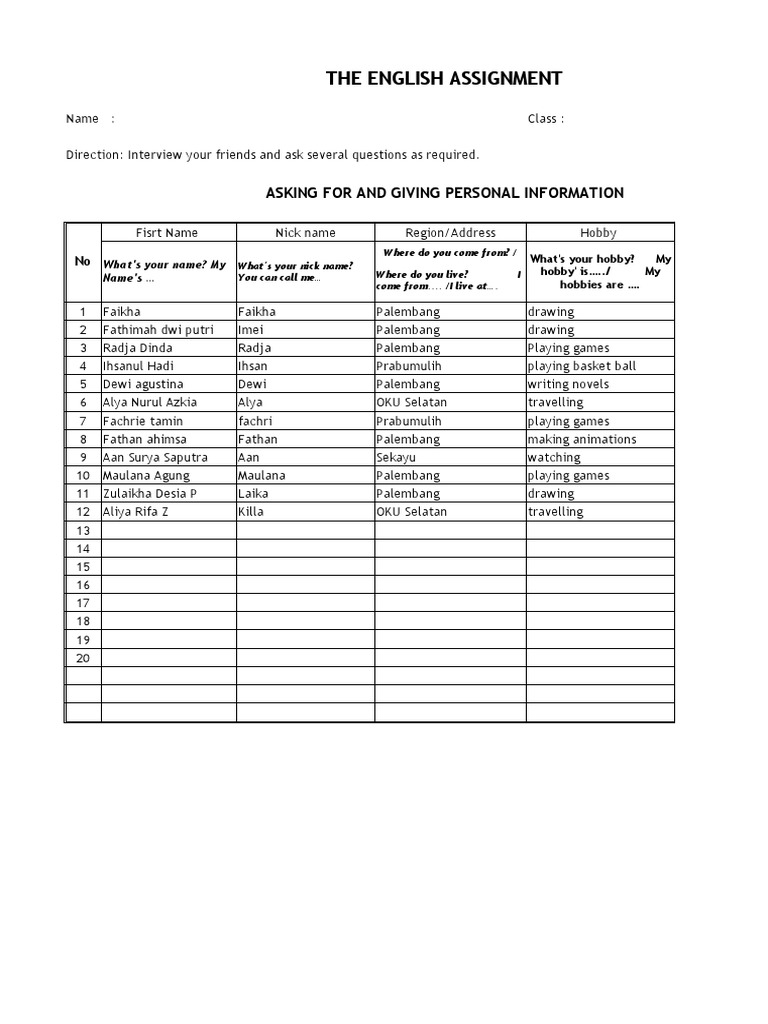 Asking and Giving Personal Information - Exercise | PDF