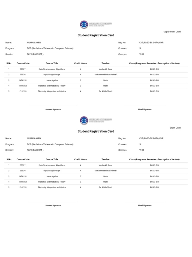 Student Registration Card | Descargar gratis PDF | Mathematics ...