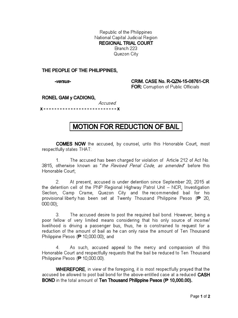 Motion To Reduce Bail | PDF | Bail | Justice