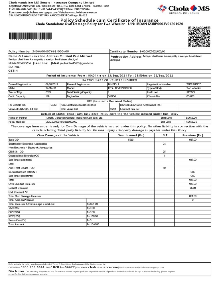 Chola Standalone Own Damage Policy for Two Wheeler - Policy Schedule ...