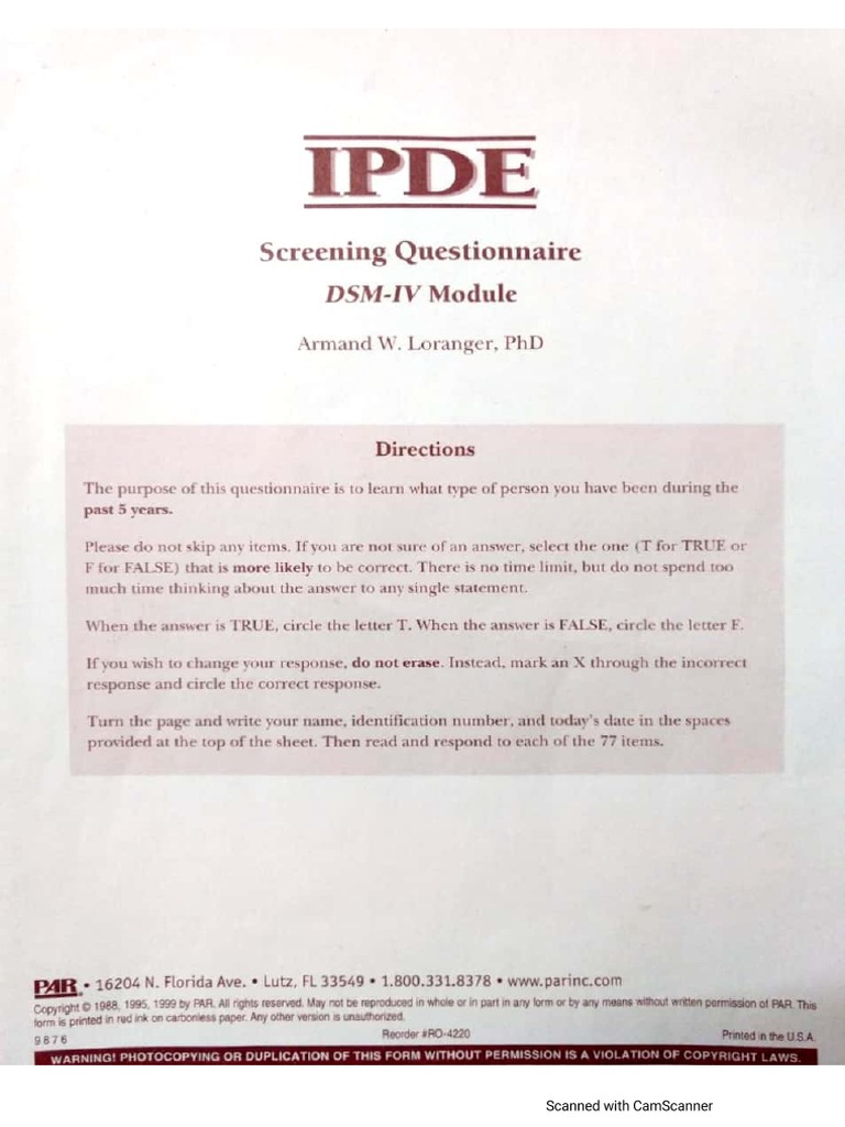 IPDE Questionnaire | PDF