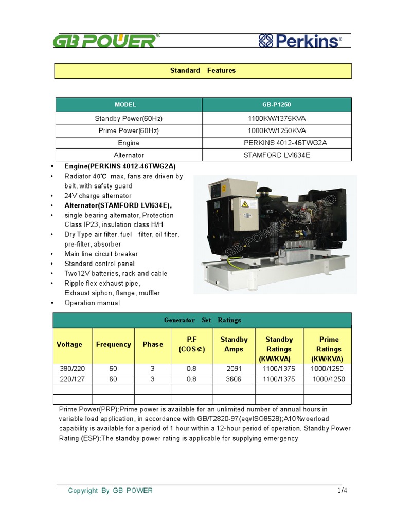 Standard Features: Model GB-P1250 | PDF | Engines | Electrical Engineering