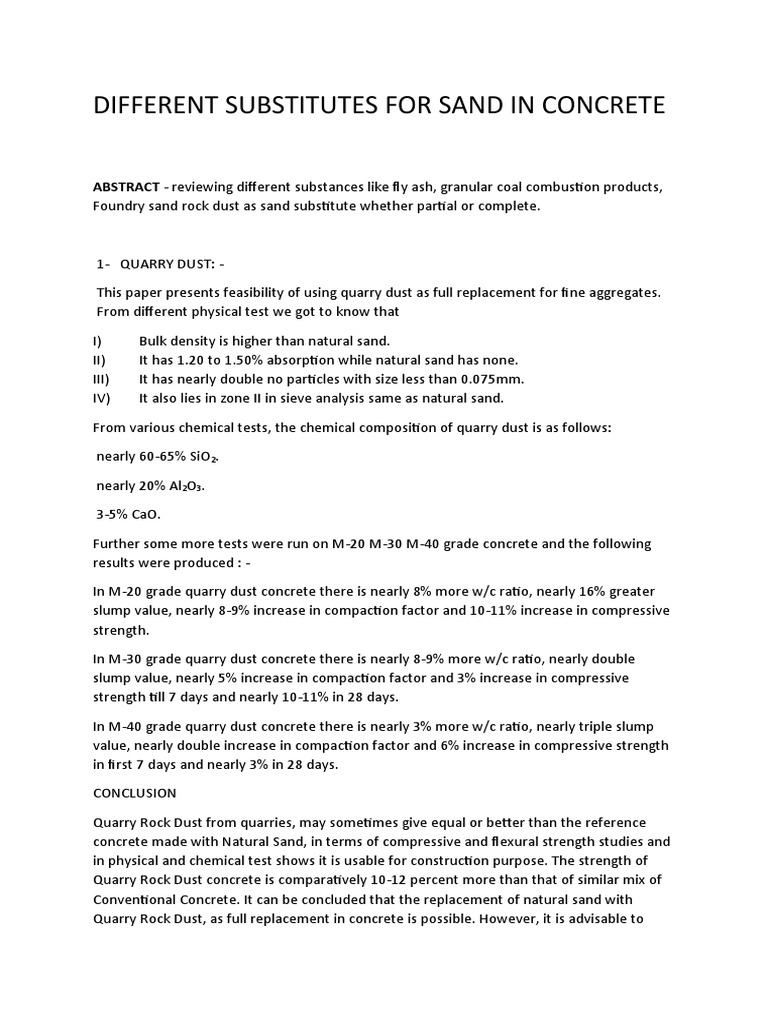 Different Substitutes For Sand in Concrete | PDF | Concrete | Materials