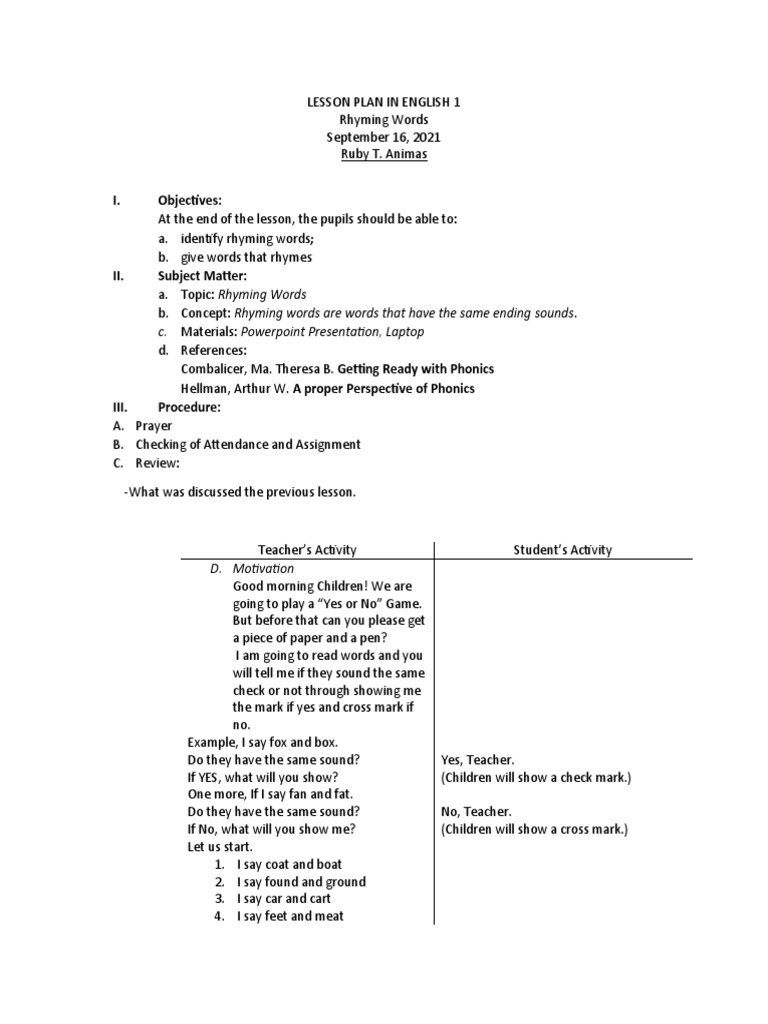 Rhyming Words Lesson Plan for Kids | PDF | Lesson Plan | Phonics