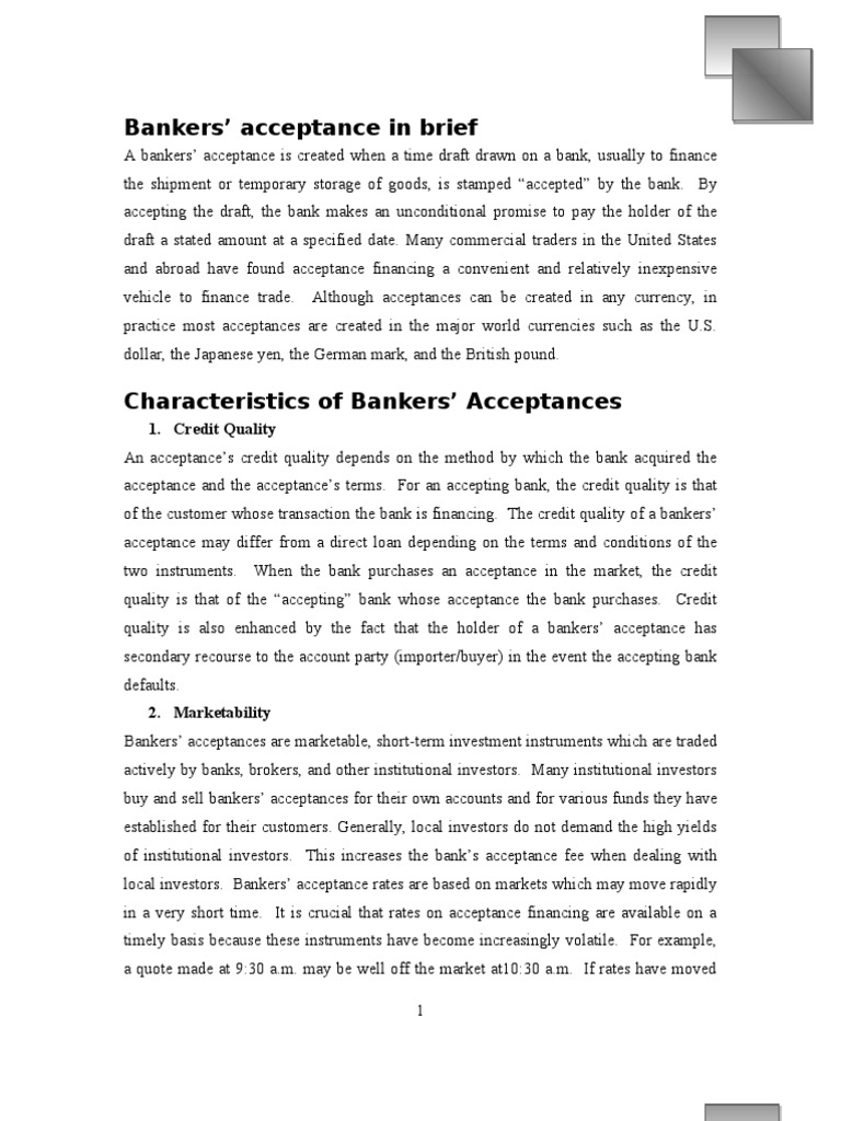 Bankers' Acceptance in Brief: 1. Credit Quality | PDF | Banks | Market ...