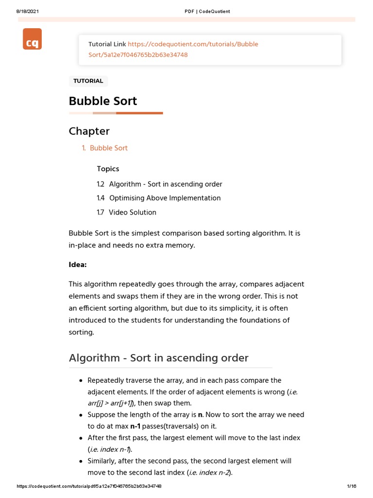 Bubble Sort Algorithm Sort In Ascending Order Pdf Array Data
