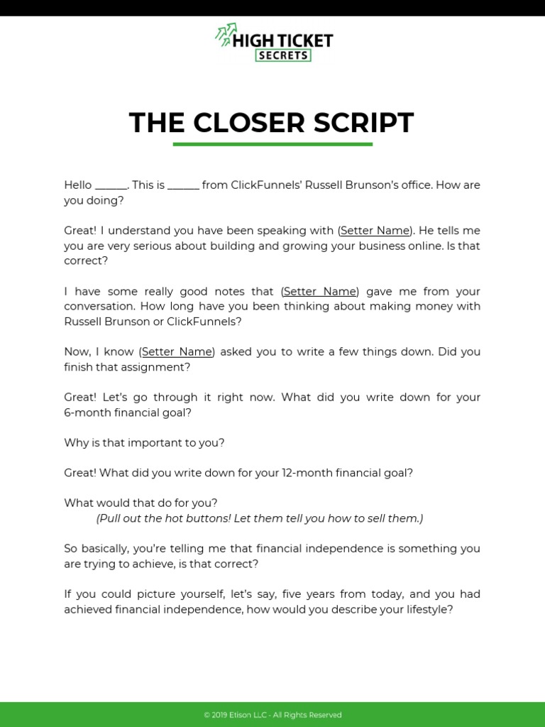 The Closer Script: (Pull Out The Hot Buttons! Let Them Tell You How To Sell Them.) | PDF ...