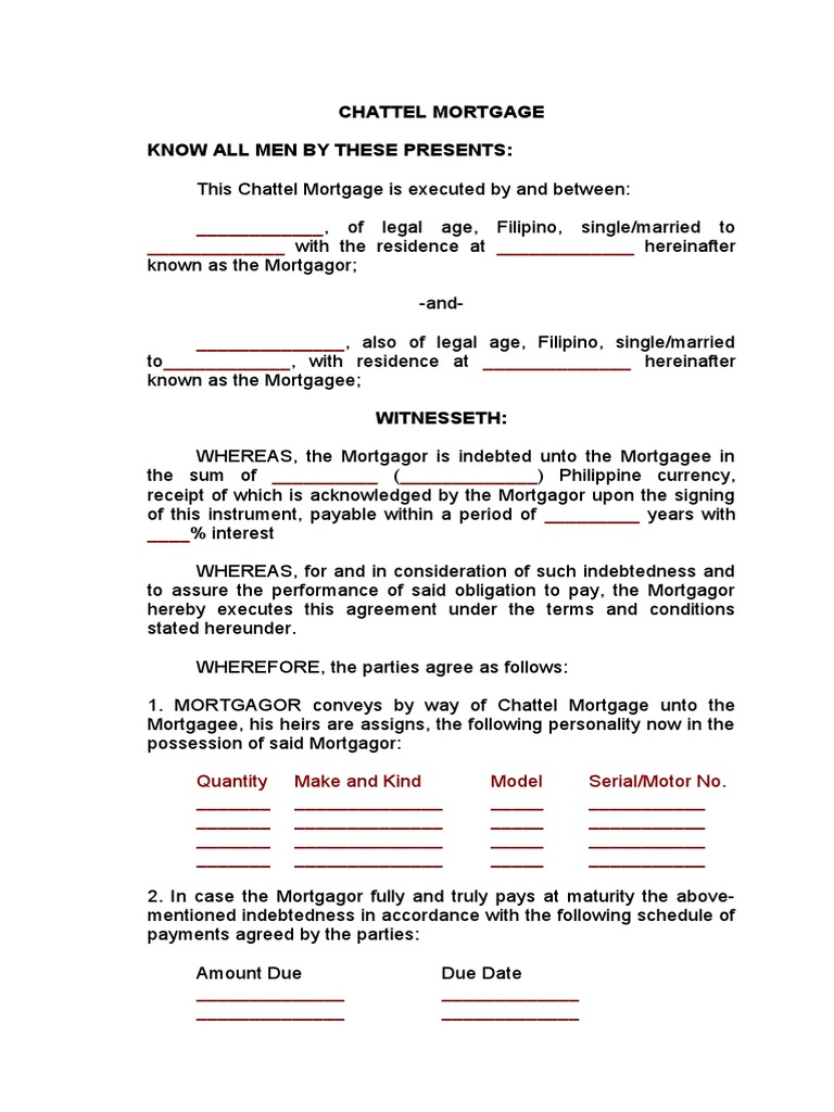 Chattel Mortgage Agreement Template | PDF | Mortgage Law | Debt