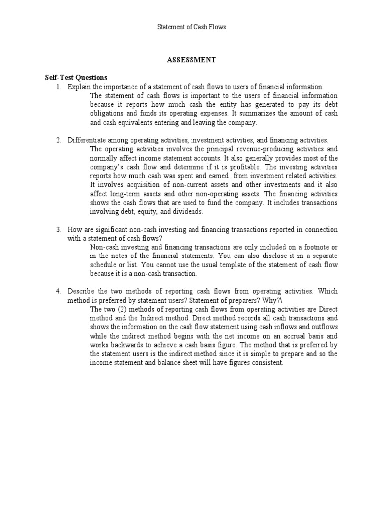 Assessment Self-Test Questions: Statement of Cash Flows | PDF | Cash ...