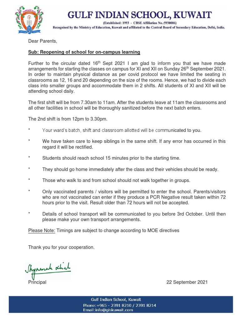 Circular To Parents - Reopening of School For On-Campus Learning | PDF