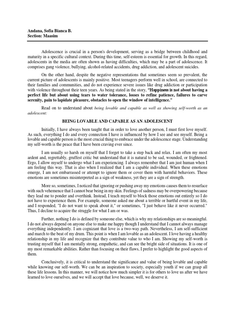 Being Lovable and Capable As An Adolescent | PDF | Adolescence | Emotions