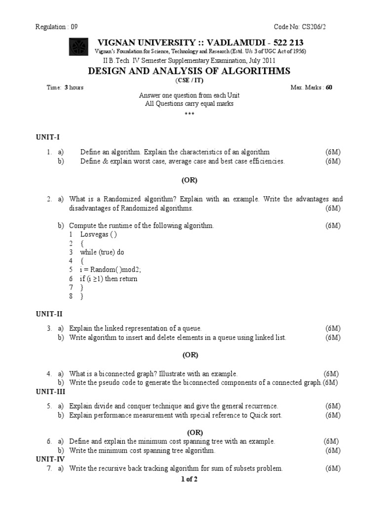 Design and Analysis of Algorithms: Vignan University:: Vadlamudi - 522 213 | PDF | Algorithms ...