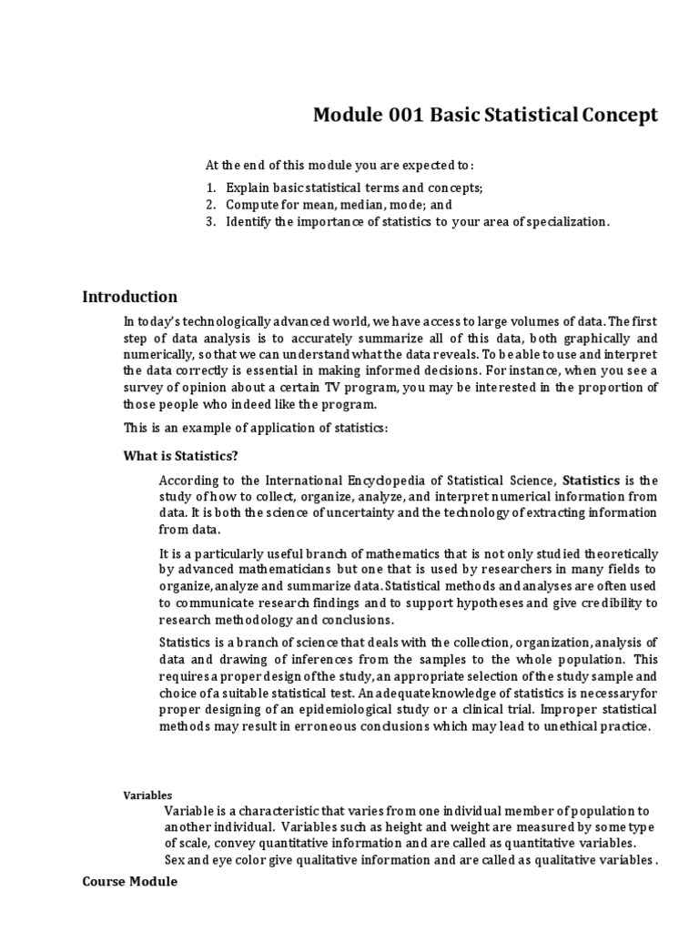 W1 Lesson 1 - Basic Statistical Concepts - Module PDF | PDF | Statistics | Standard Deviation