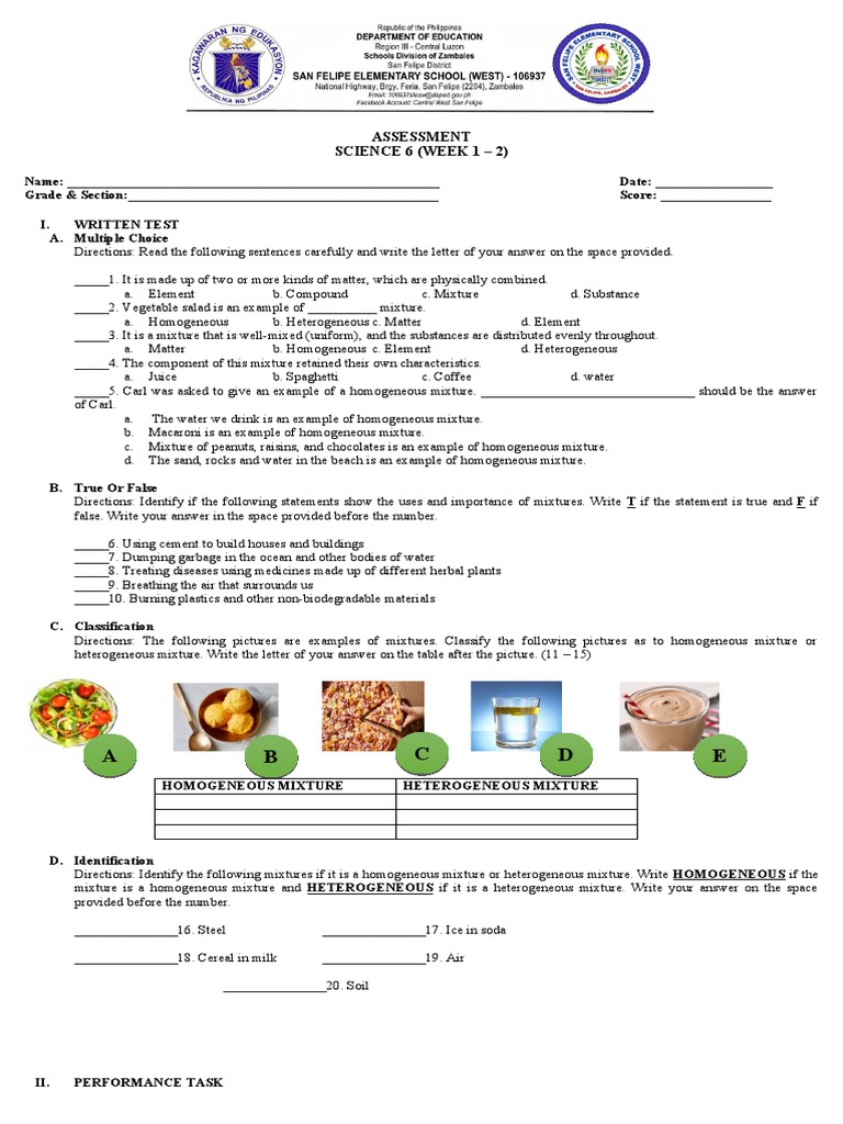 Grade 6 - Week - 1-2 - Science - English - Apan - Assessment | PDF ...