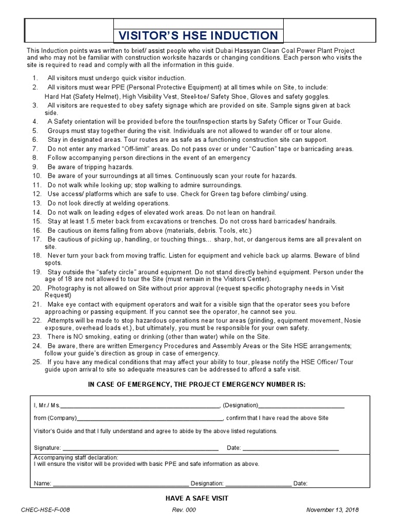 Visitor'S Hse Induction: in Case of Emergency, The Project Emergency ...